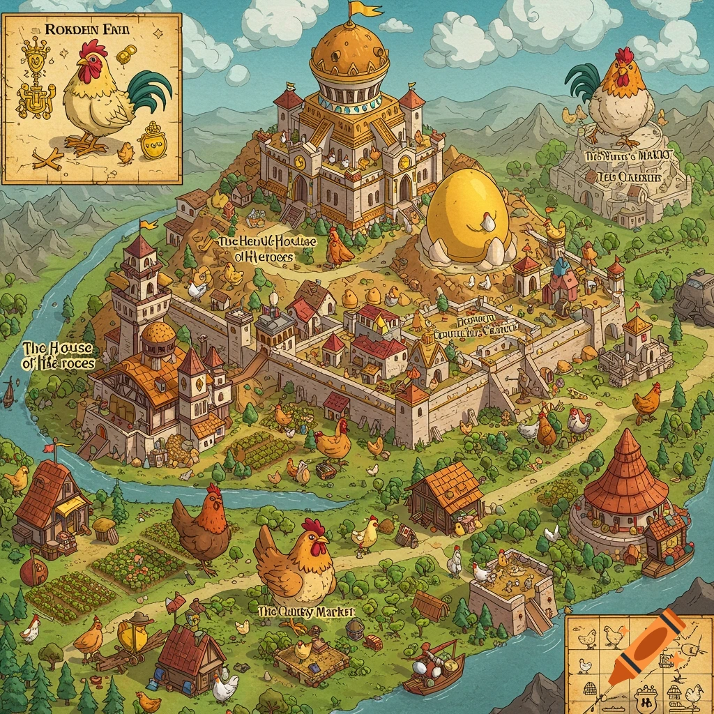 A charming illustrated map of a fictional city with colorful buildings ...