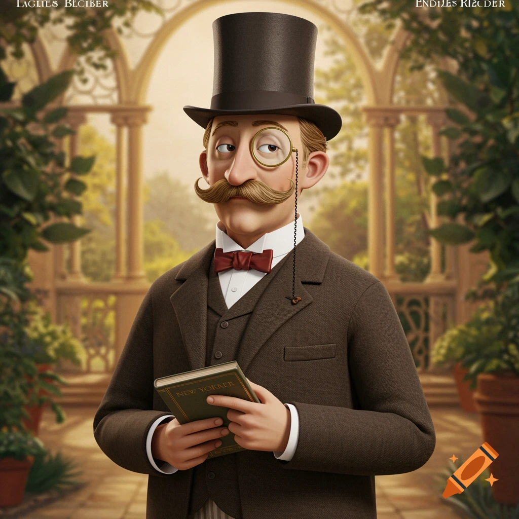 A dandy man with a mustache and monocle wearing a paisley suit and ...