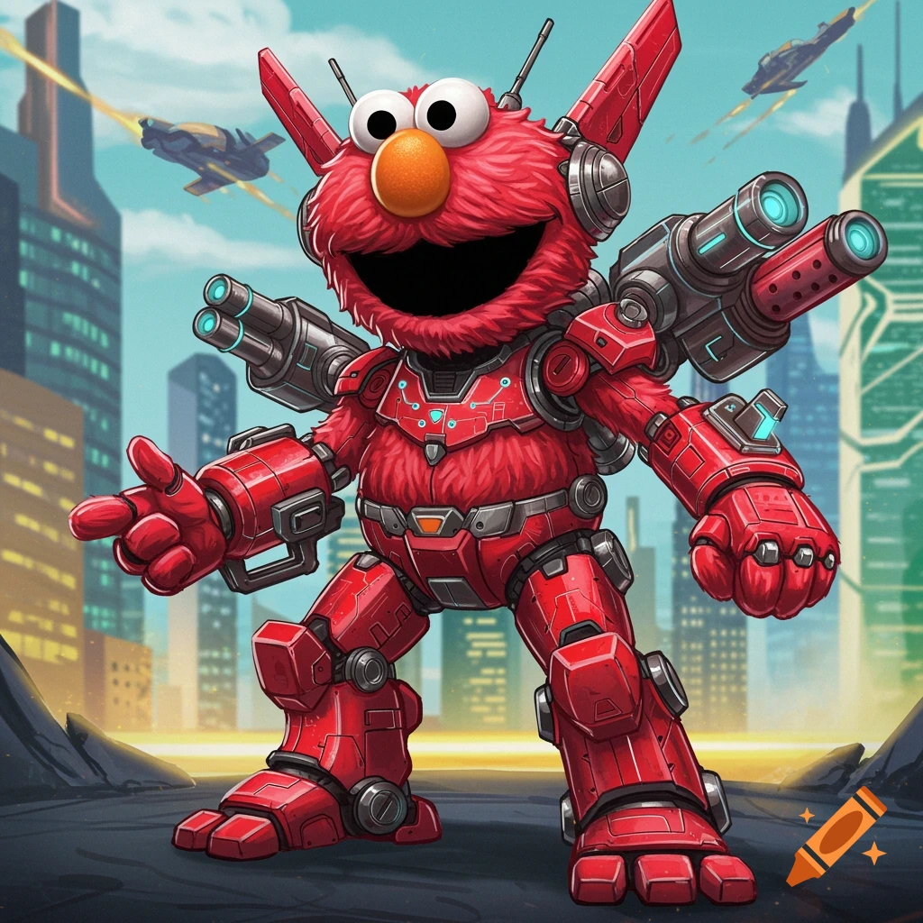 Elmo in red racing suit, helmet, and goggles stands on a futuristic ...