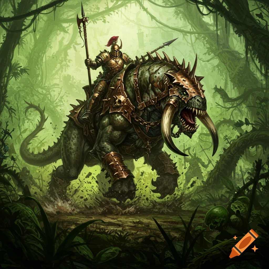 Warhammer Fantasy Stegadon charging through jungle on Craiyon