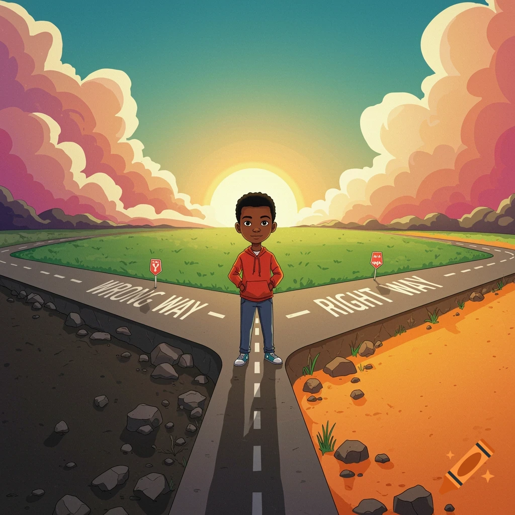 Illustration of a road splitting into 'Wrong Way' and 'Right Way' paths ...