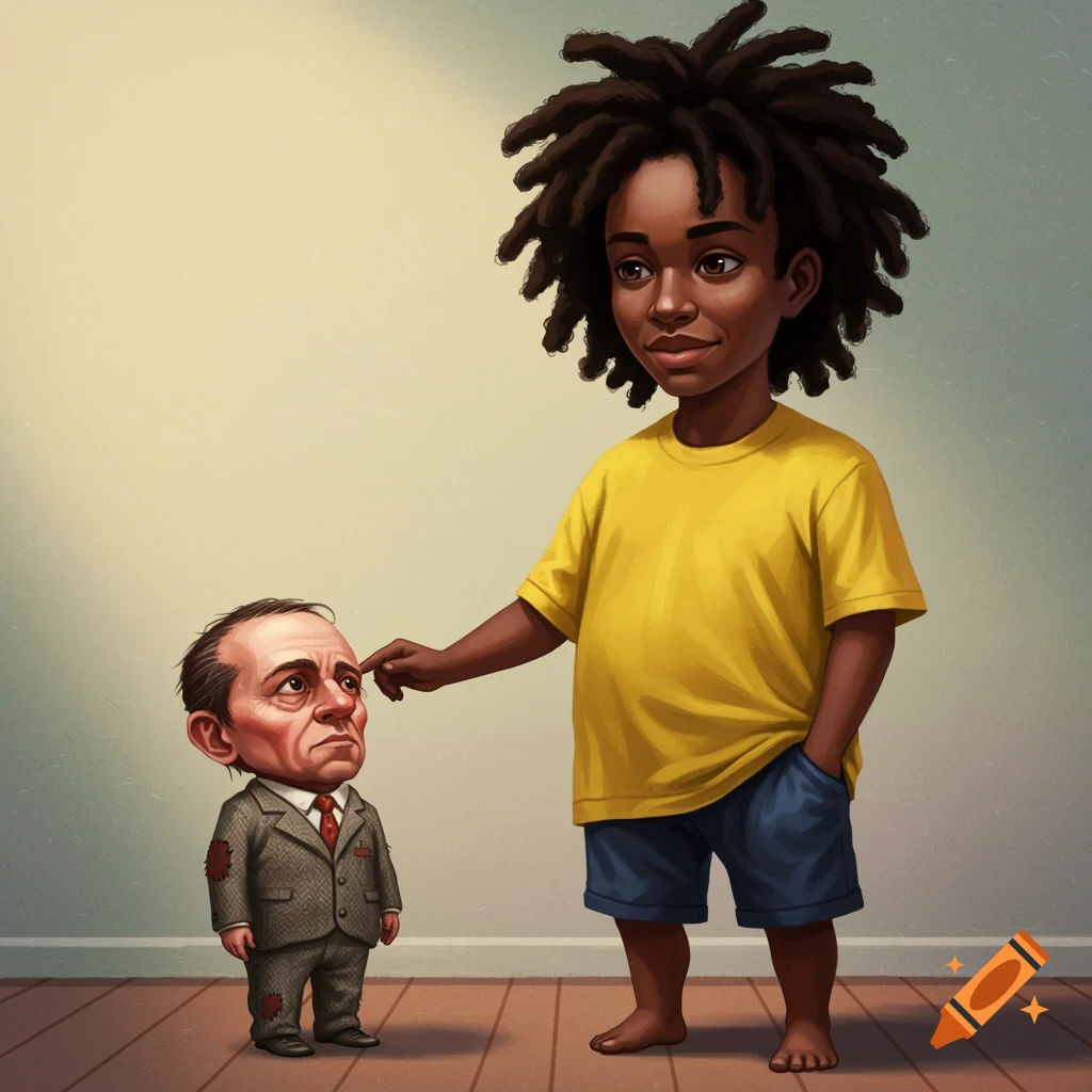A large Black child touches the head of a tiny man in a suit, in a ...