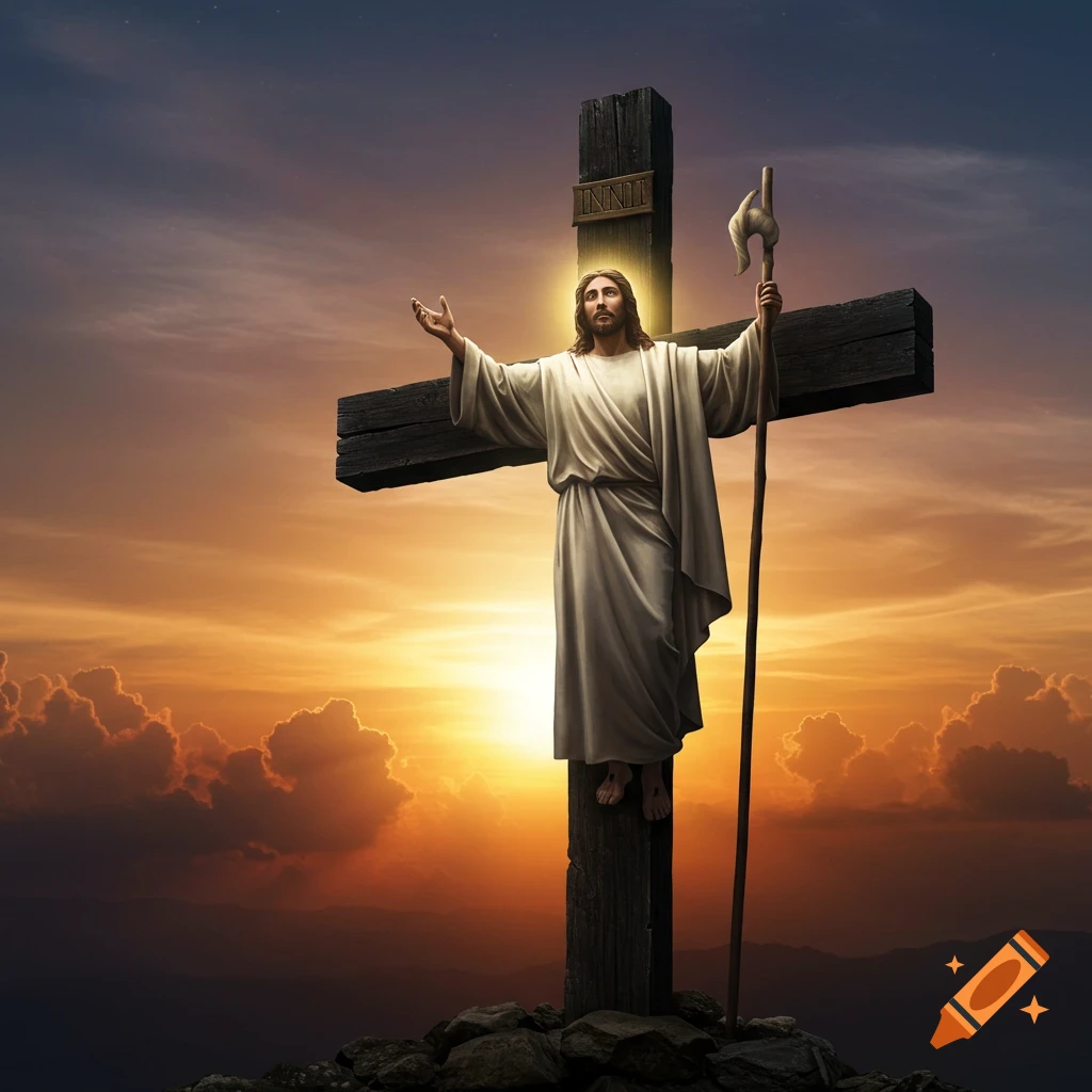 Resurrected Christ before empty cross on Craiyon