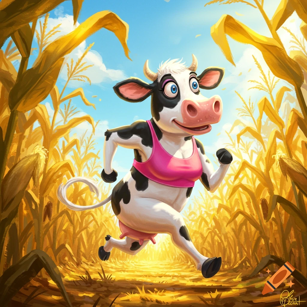 A colorful cartoon cow splashed with paint runs through a sunny field ...