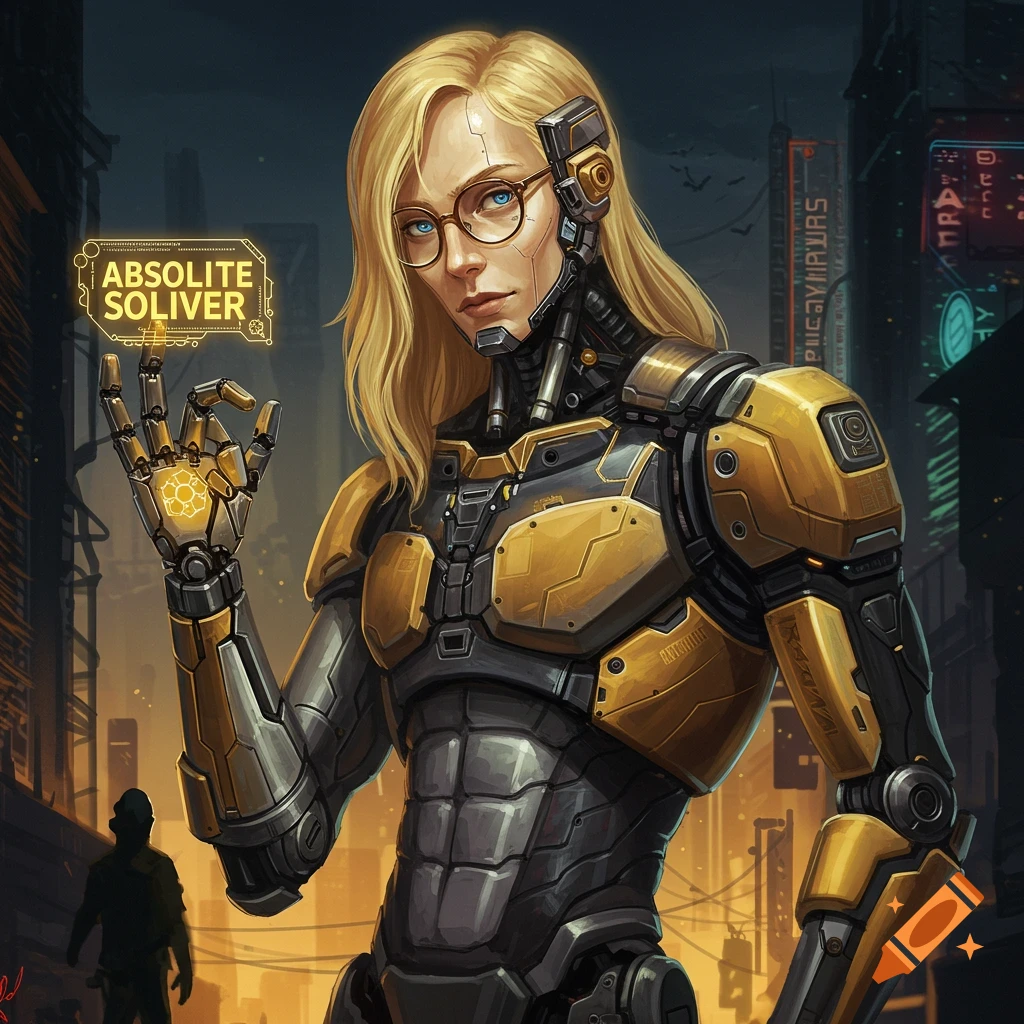 Blonde female cyborg with glasses and glowing symbol on hand in ...