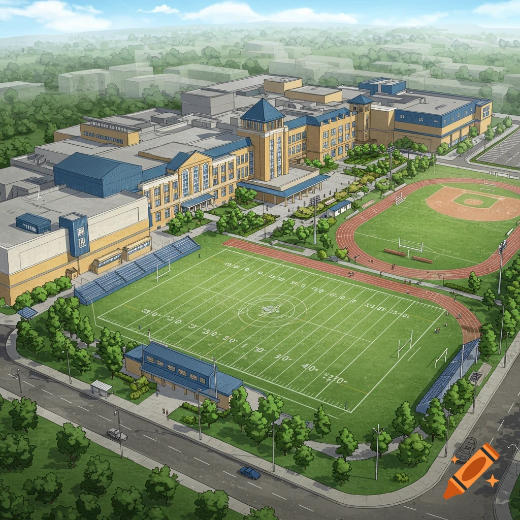 Aerial view of a large school building complex with football field ...