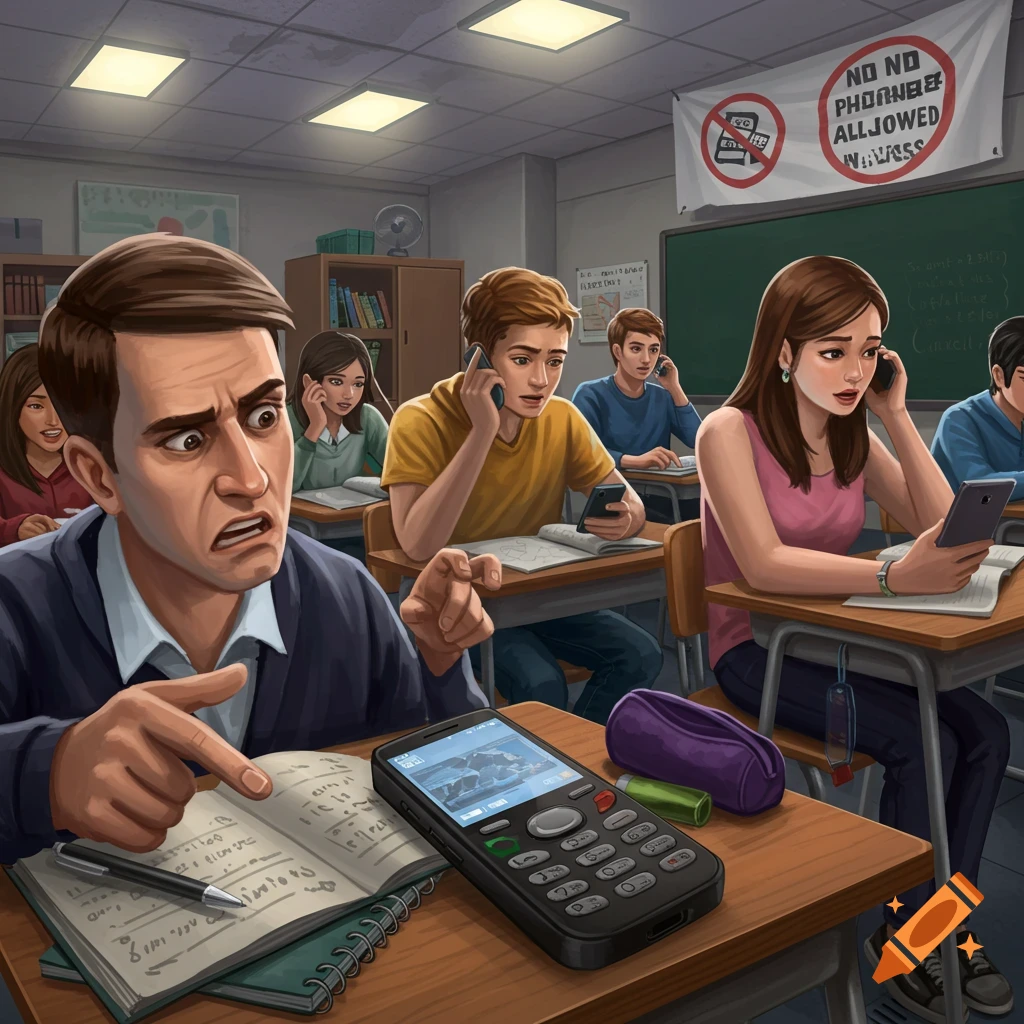 A teacher looks frustrated at students using cell phones in a classroom ...