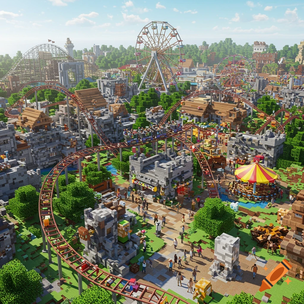 A vibrant Minecraft amusement park with roller coasters, Ferris wheel, and crowds in a blocky ...