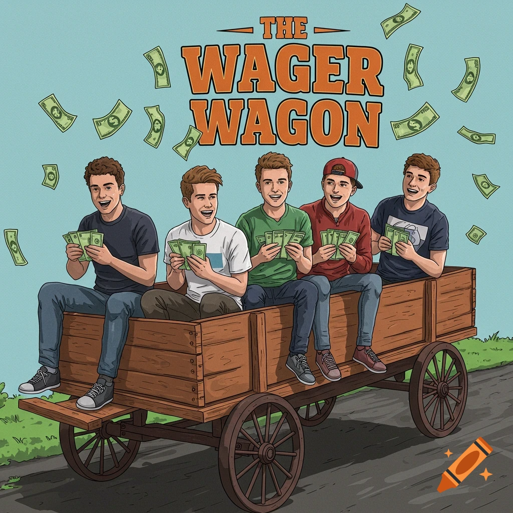 Cartoon illustration of five men in a wagon with money flying, logo ...