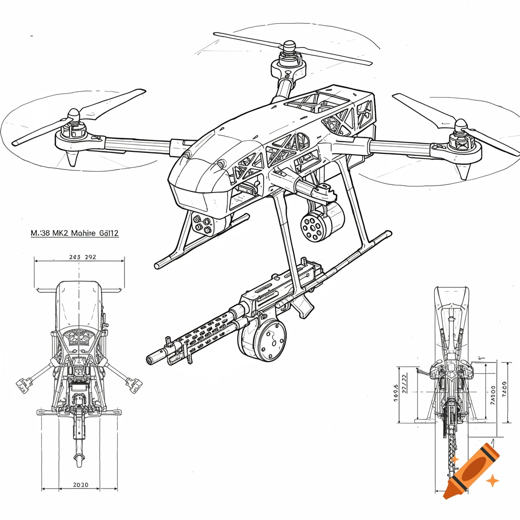 Detailed Blueprint Drawing of a Quadcopter Drone With a Mounted Machine ...
