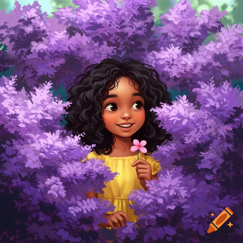 Girl with curly black hair peeking behind a purple bush on Craiyon