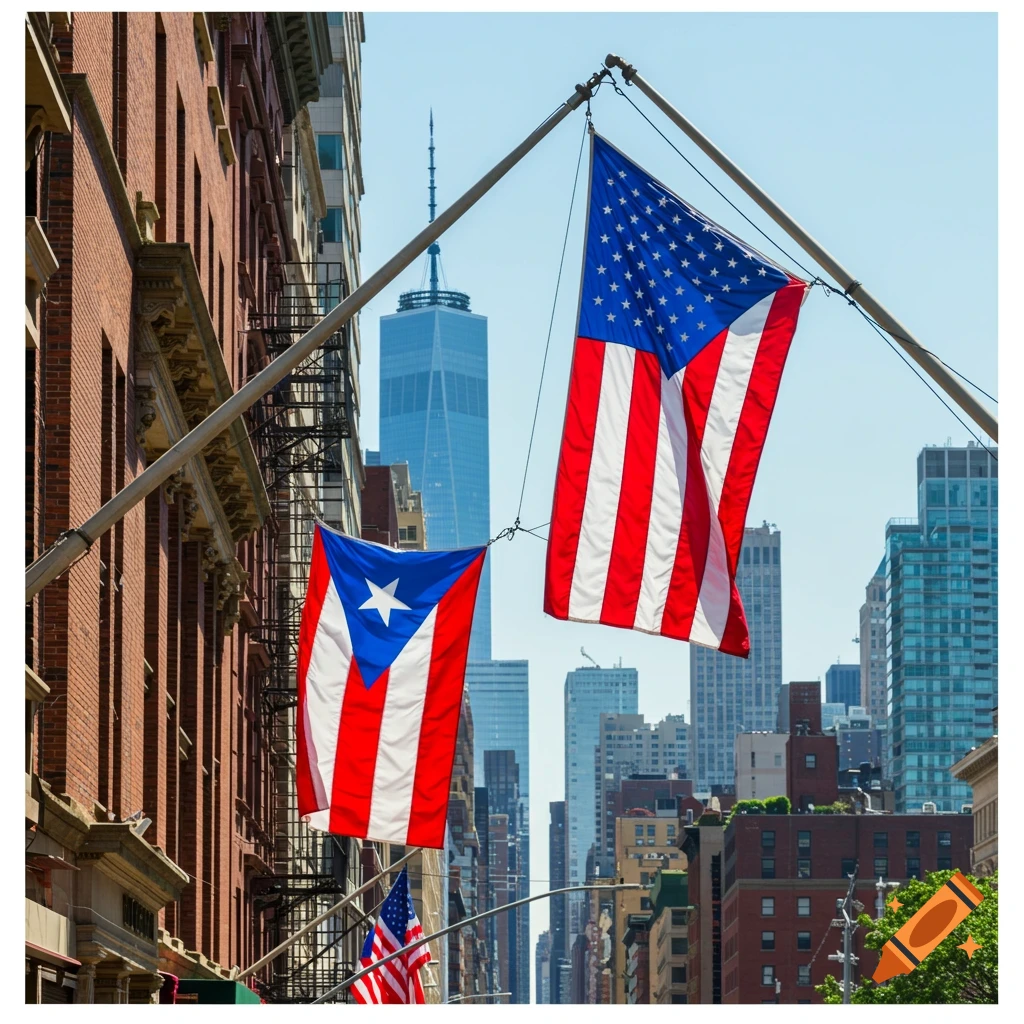 Puerto Rico and USA flags on building in NYC with skyline on Craiyon