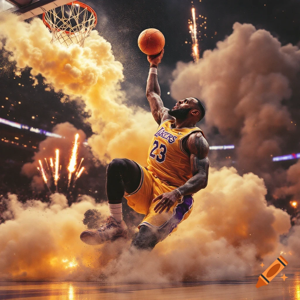 A basketball player dunks the ball into the hoop during a game, with ...