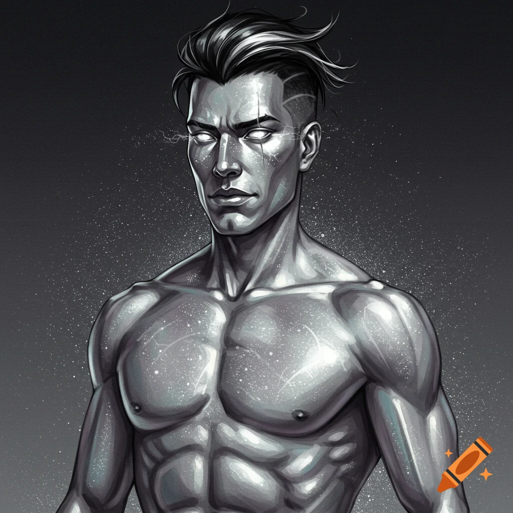 Silver-skinned man with black hair, athletic build, and scar on Craiyon