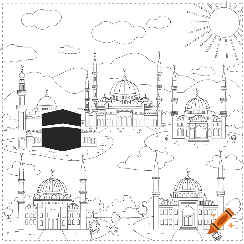 Black and white line drawing of mosques and the Kaaba, in a coloring ...