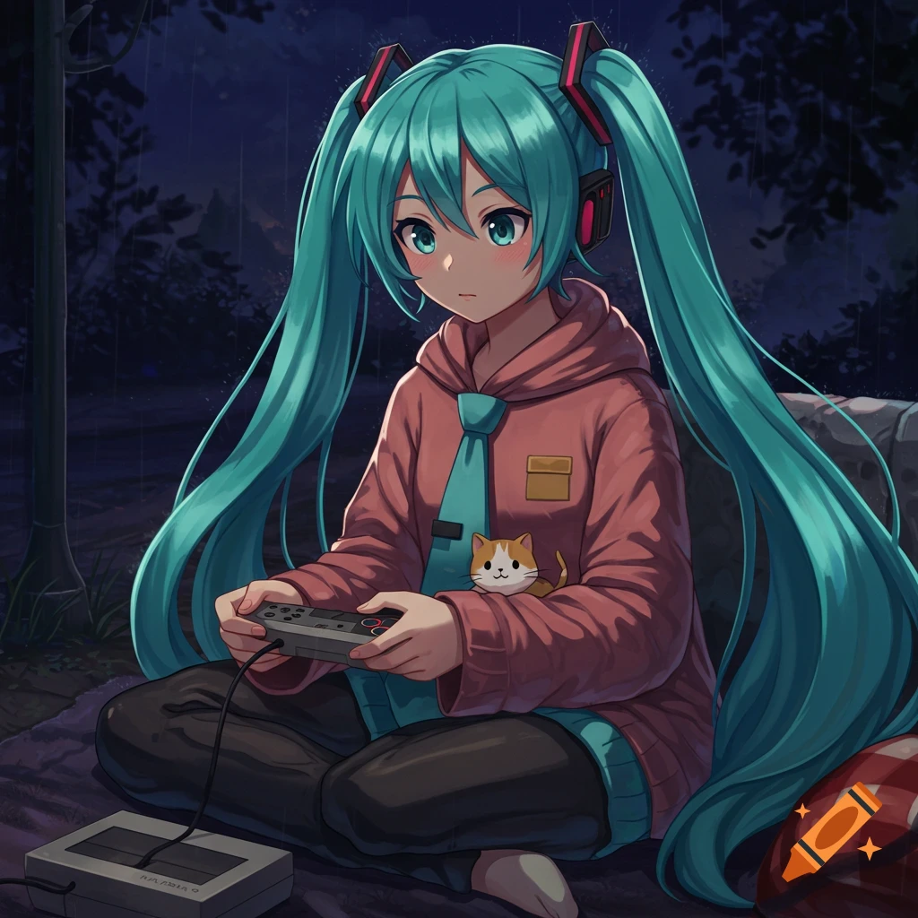 Hatsune Miku playing video games with a cat on her lap. on Craiyon