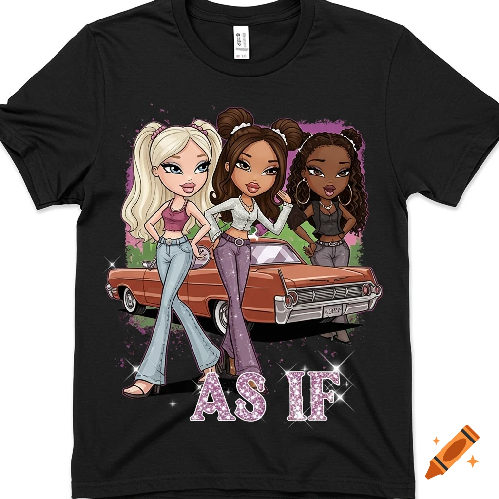 Bratz-style cartoon design on a black t-shirt showing three girls and a ...