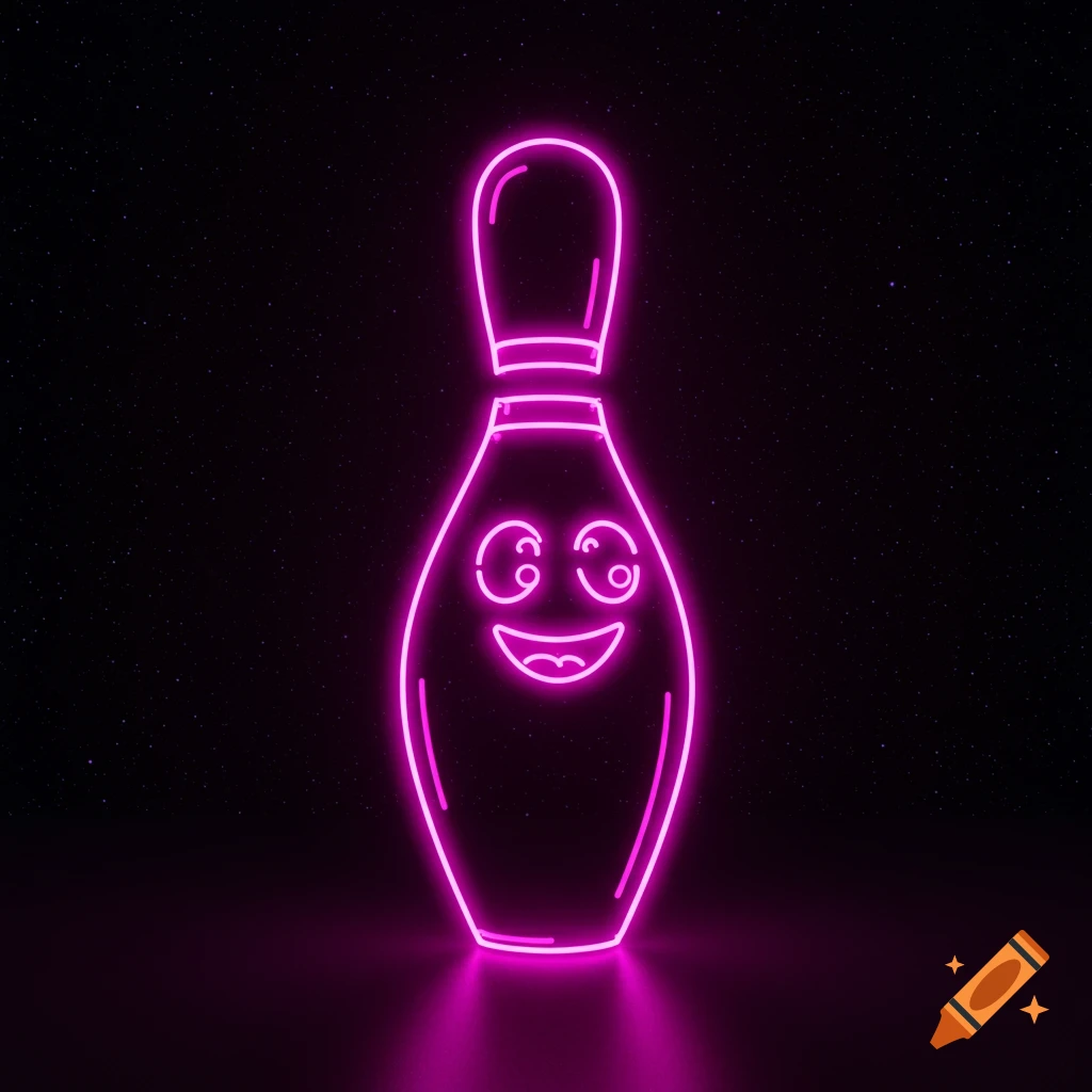 A glowing pink neon cartoon bowling pin with a smiling face against a ...