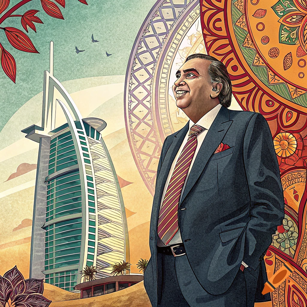 An illustration of Mukesh Ambani standing next to the Burj Al Arab ...