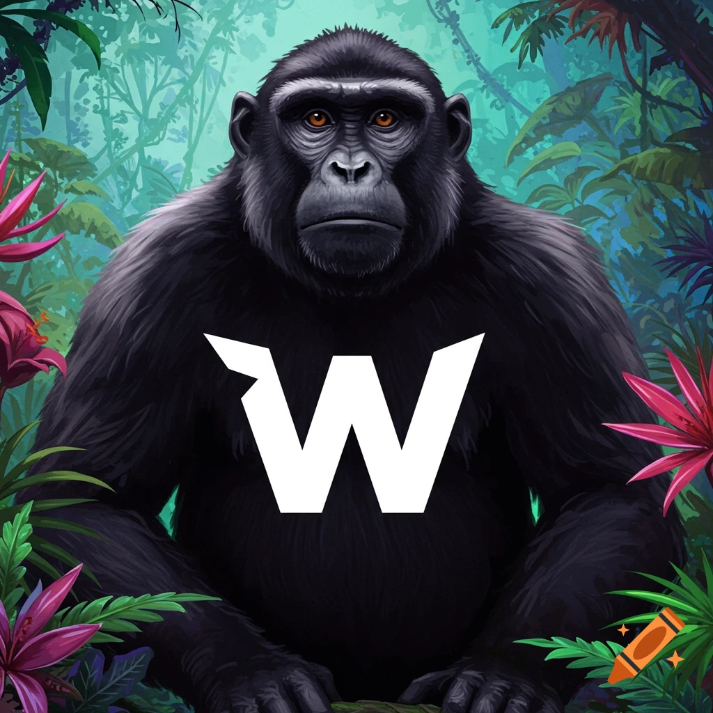 A black ape with a large white W on its chest sits in a jungle. on Craiyon