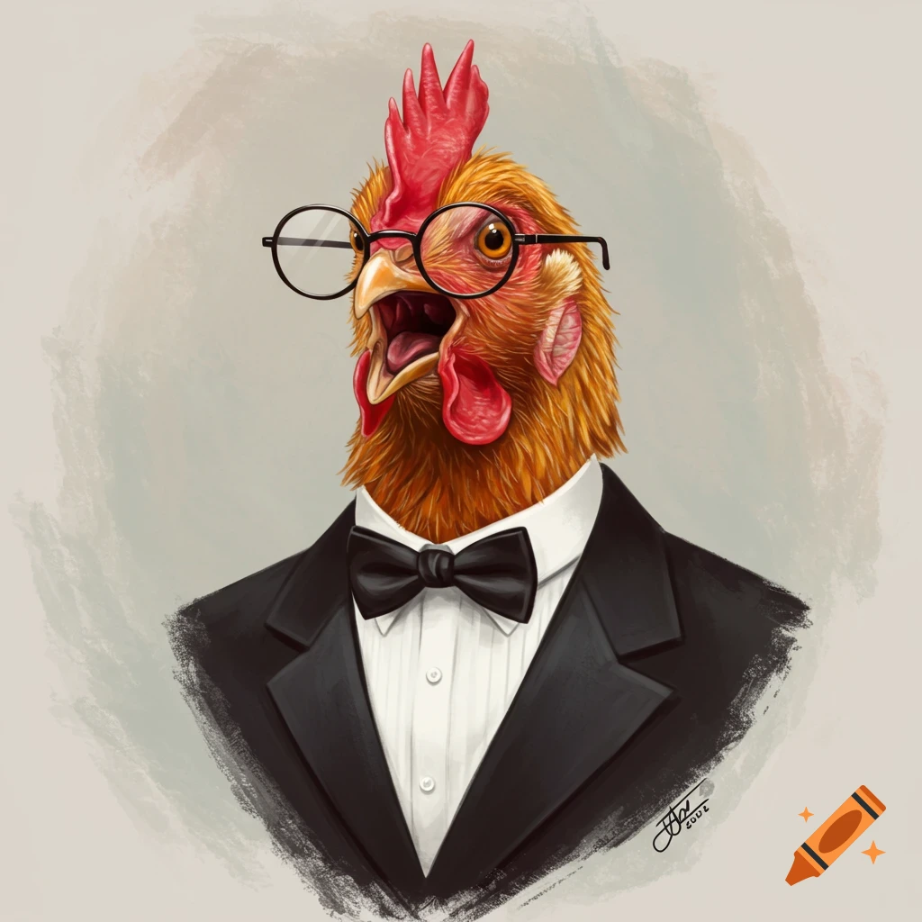 A chicken is wearing a tuxedo and glasses with its mouth open. on Craiyon