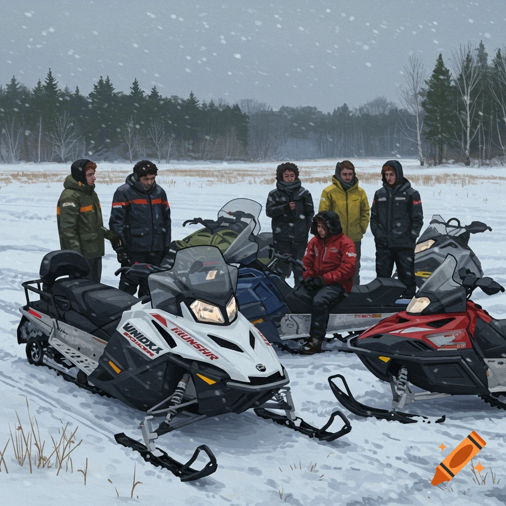 A group of snowmobilers and their vehicles in a snowy field. on Craiyon