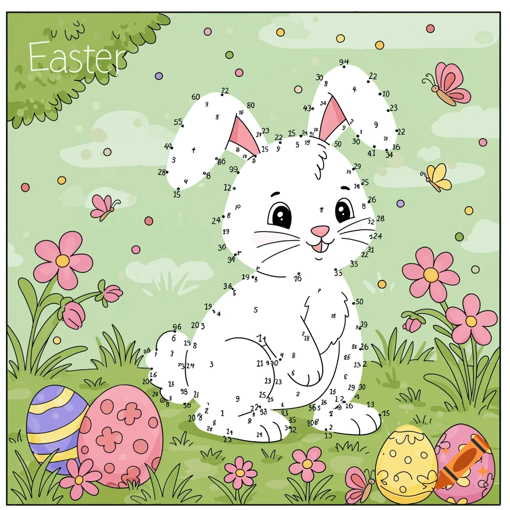 Cartoon Easter bunny connect-the-dots puzzle with decorated eggs ...