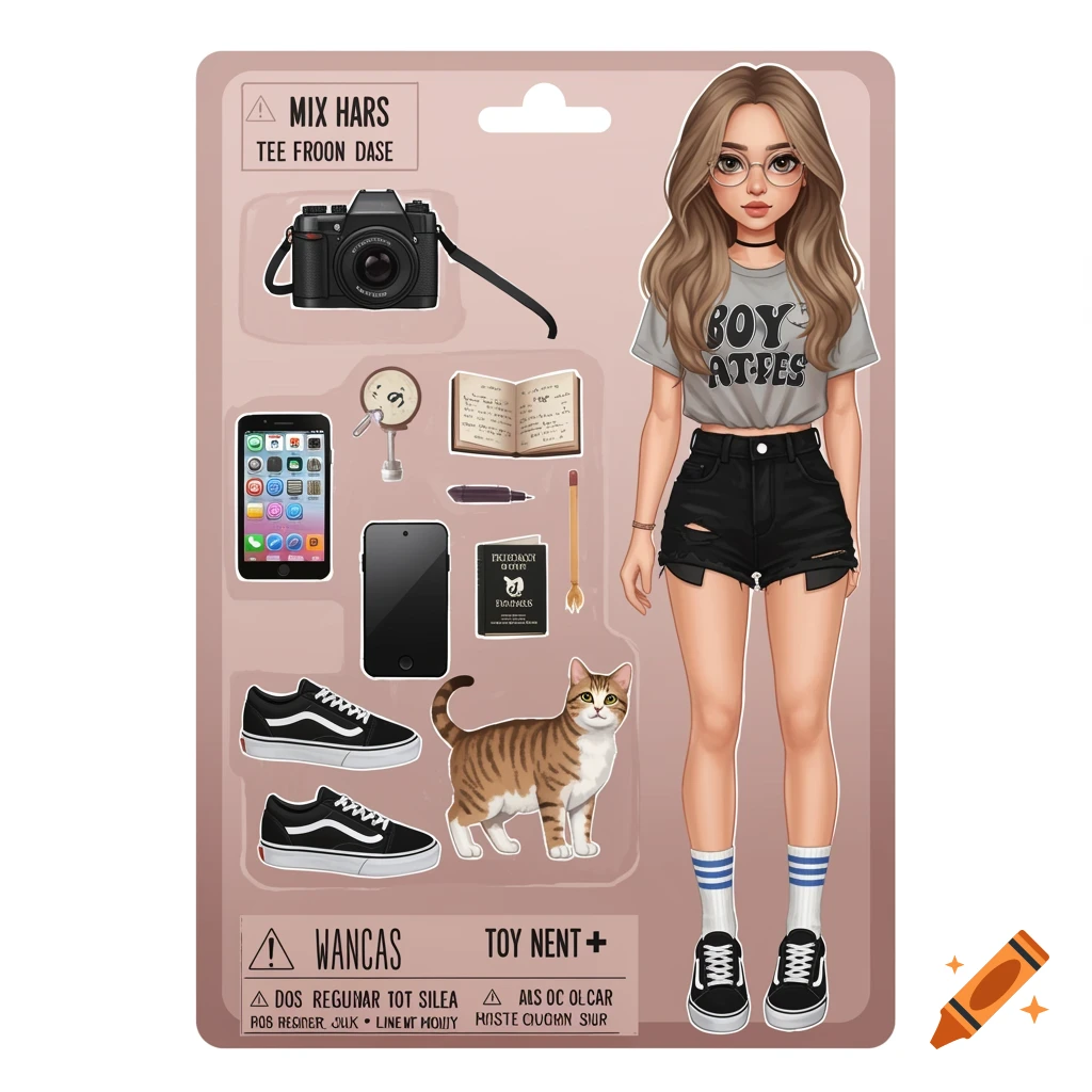 Girl action figure toy packaging with accessories on Craiyon