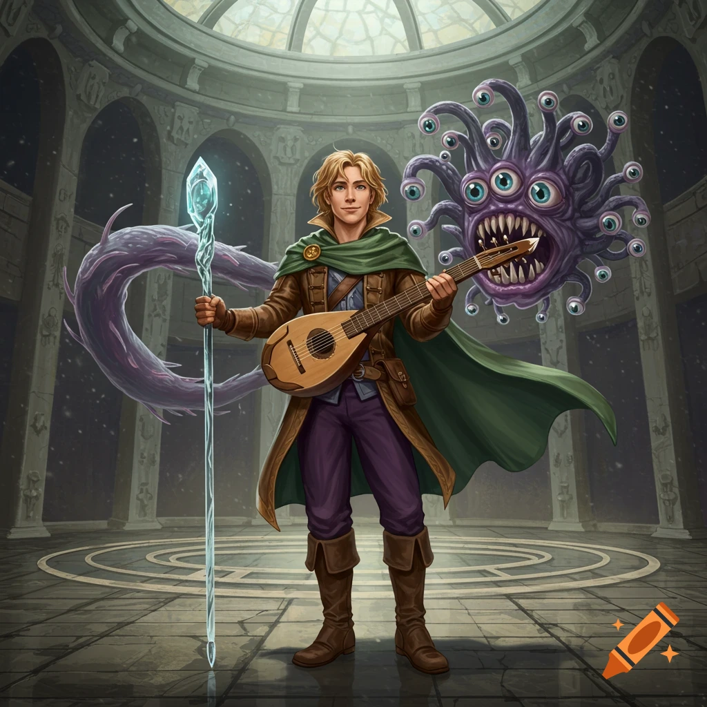 A fantasy adventurer with a staff and lute stands in ruins next to a ...