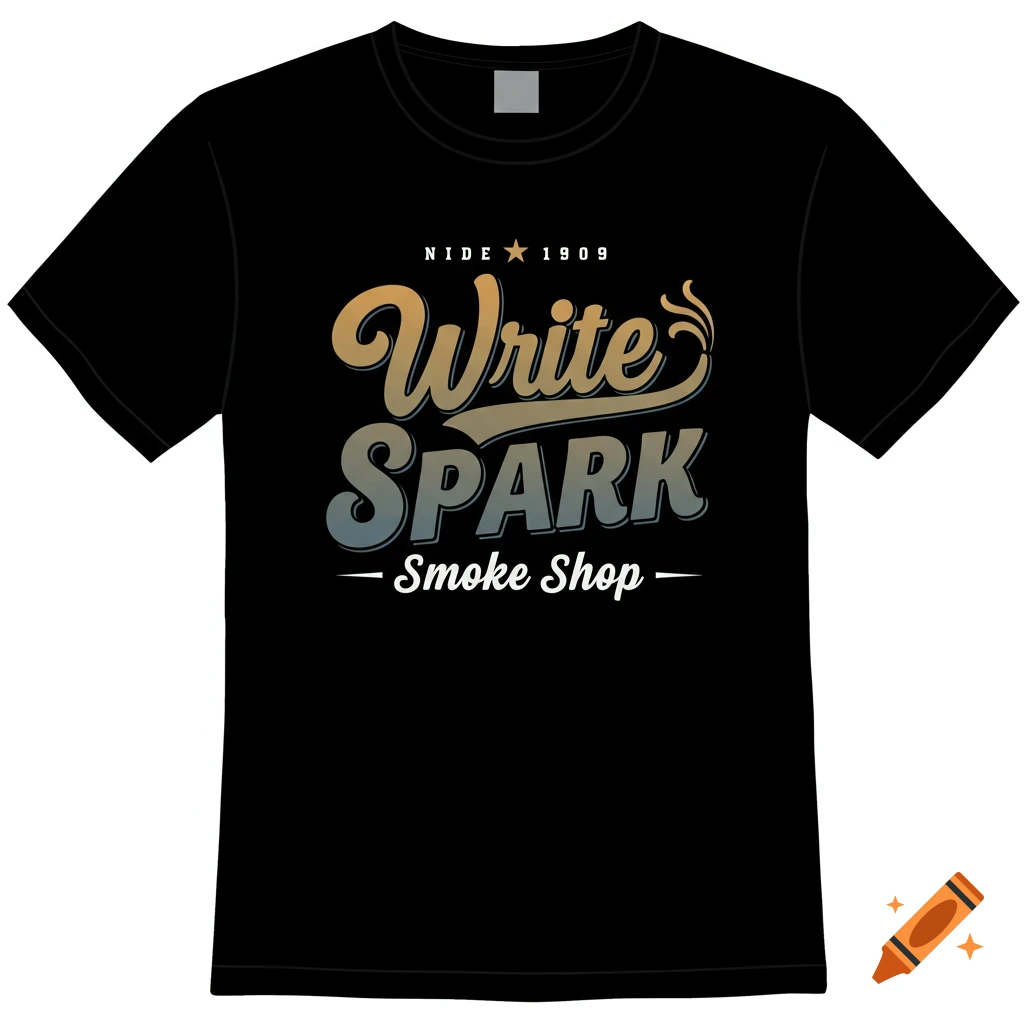 Black T-shirt design with 'spark' and Smoke Shop design on Craiyon