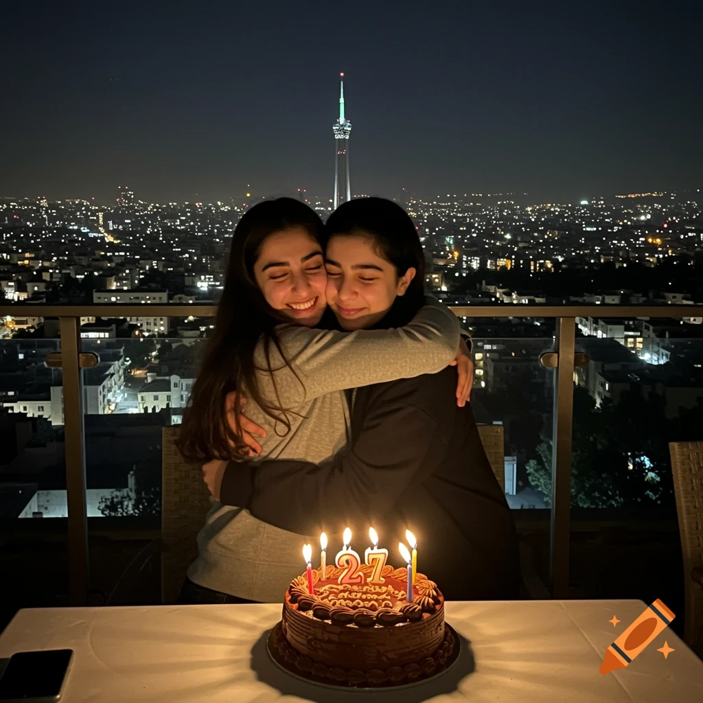 Two girls hug behind a chocolate birthday cake with 27 candles, set ...