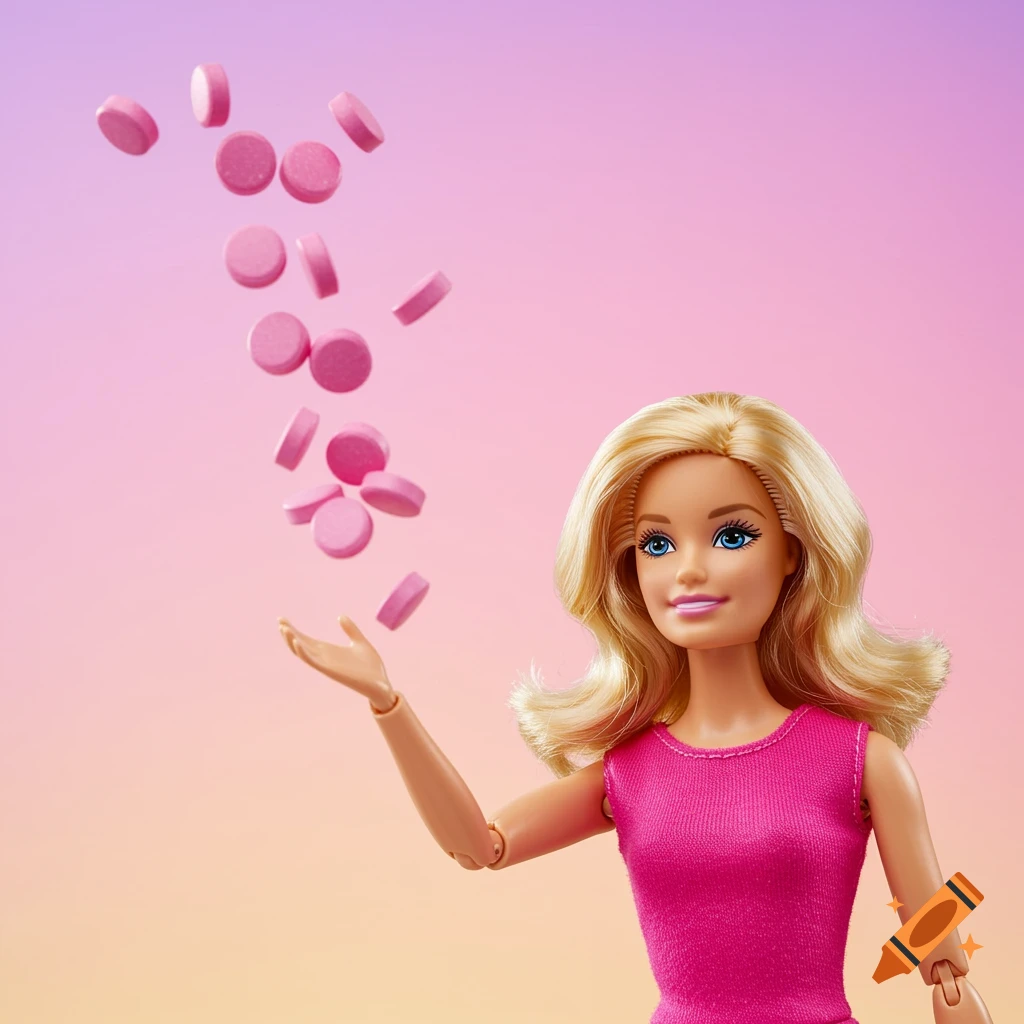 A Barbie doll in a pink dress and tiara in a box, on a shelf with other ...