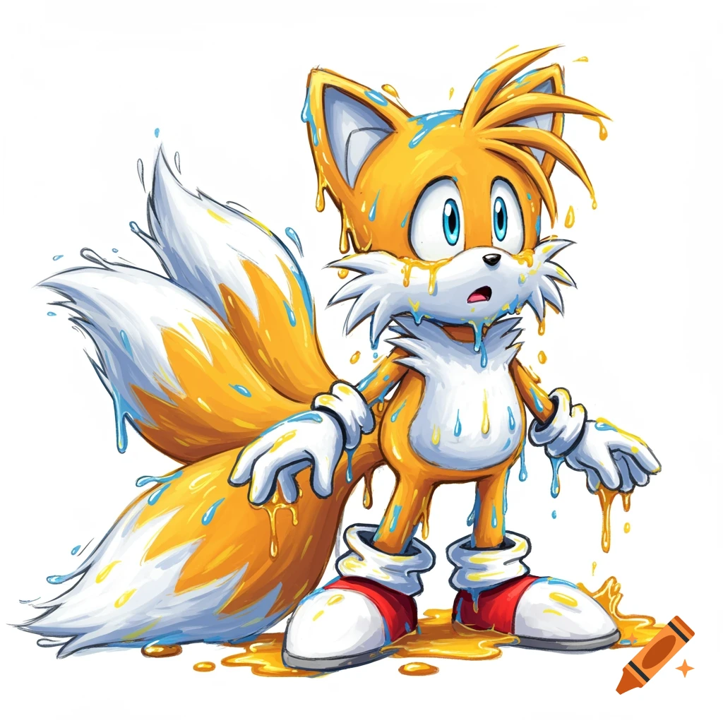 Tails the fox melting, covered in dripping yellow and blue liquid ...