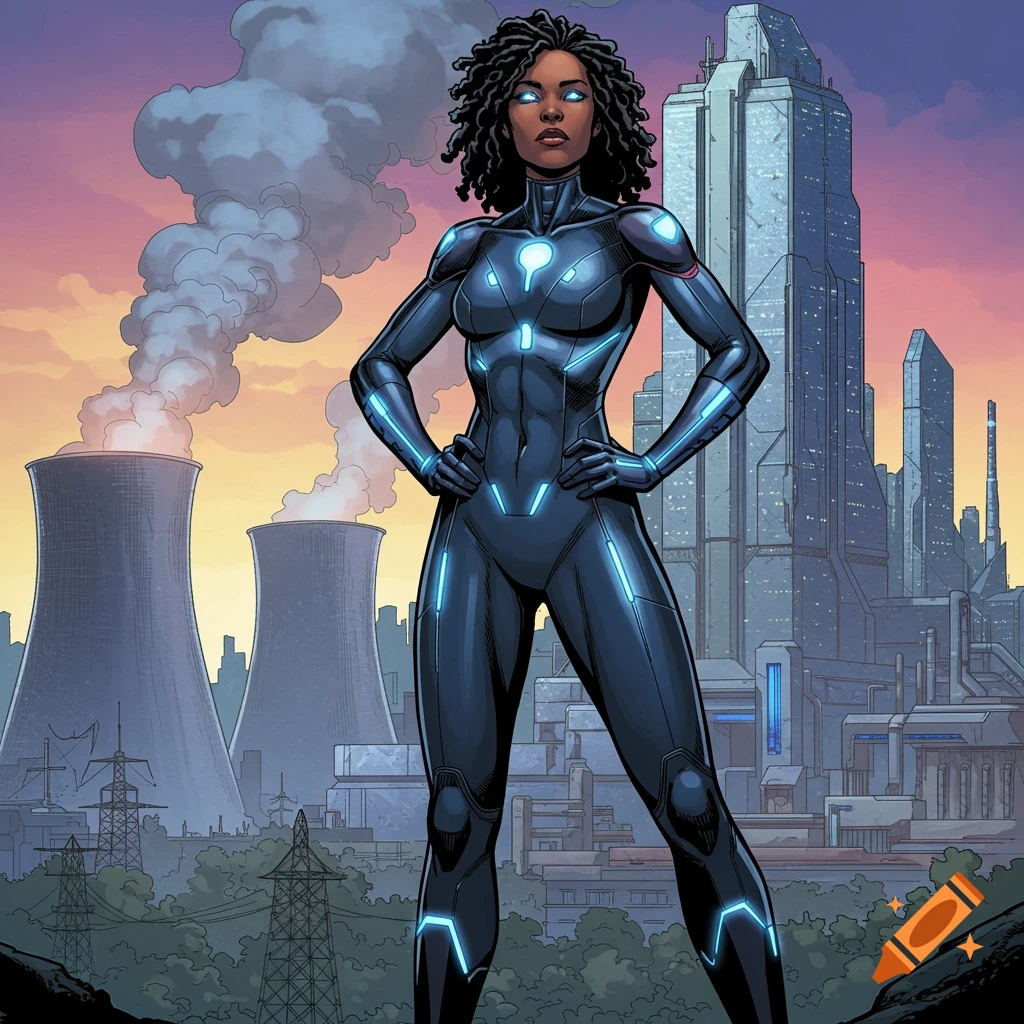 Black female superhero in front of building with nuclear power plants ...