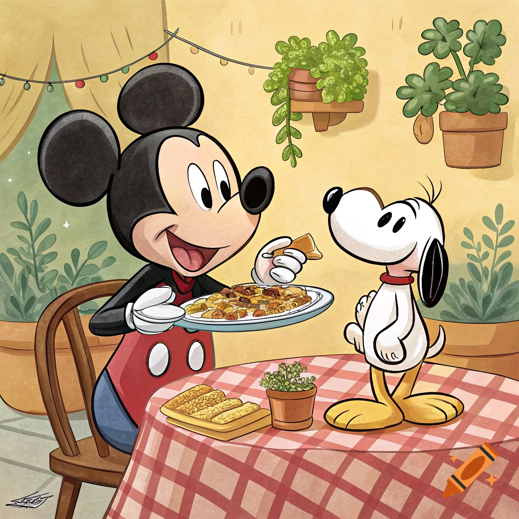Cartoon of Mickey Mouse giving food to Snoopy at a table. on Craiyon