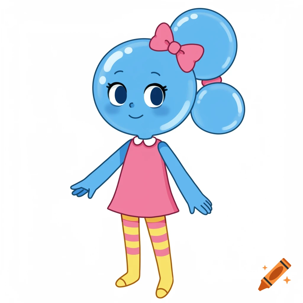 A cartoon character with a blue bubble head, ponytail, pink bow, pink ...