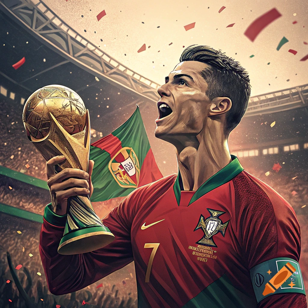 Cristiano Ronaldo celebrating victory after winning World Cup with Portugal on Craiyon