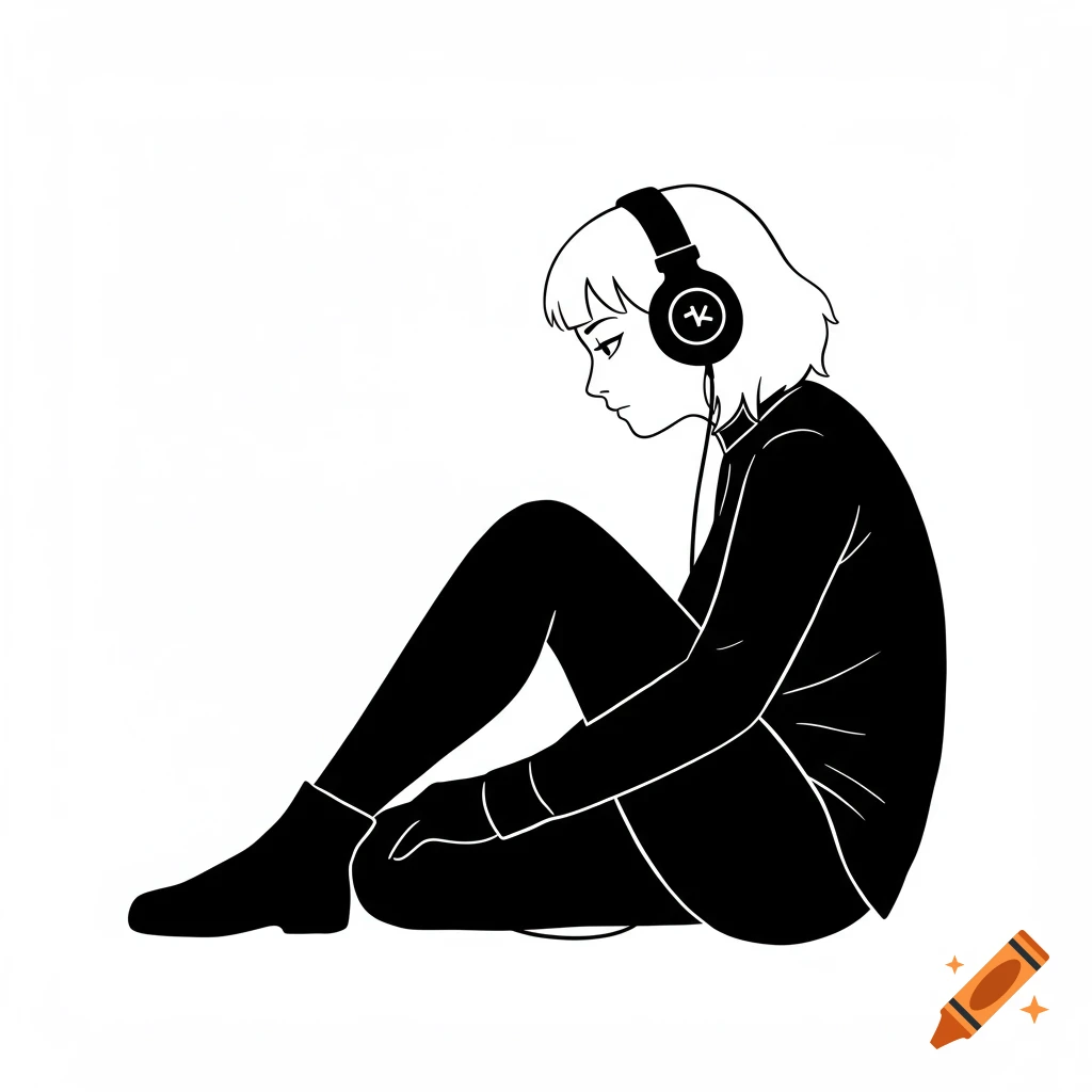 Emily Lestrange in black-and-white vector art wearing headphones on Craiyon