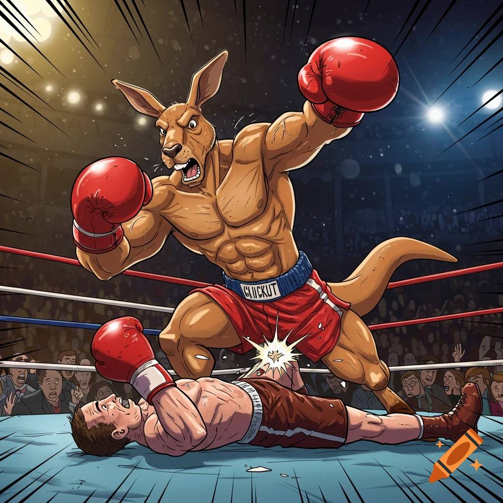 Kangaroo with boxing gloves knocks out boxer in cartoon style ...