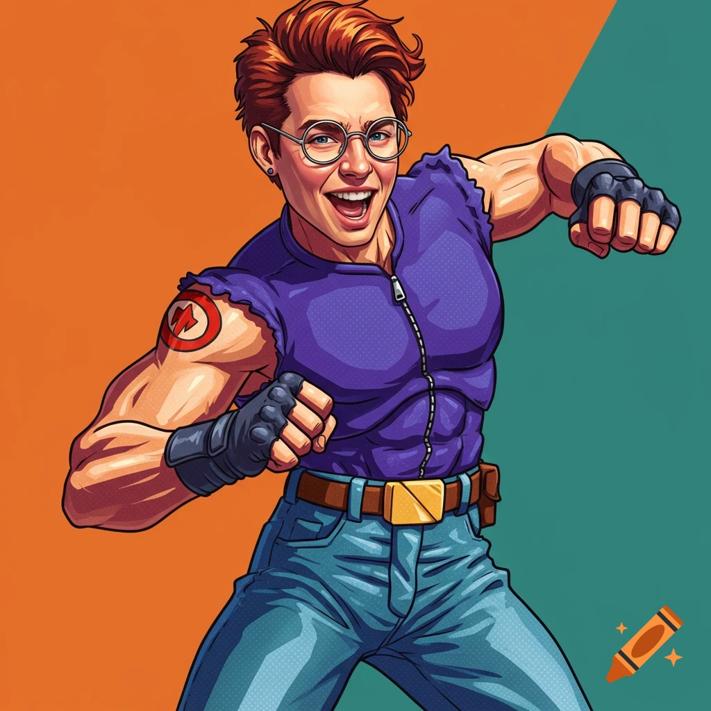 Comic art illustration of a muscular character in a purple shirt and ...