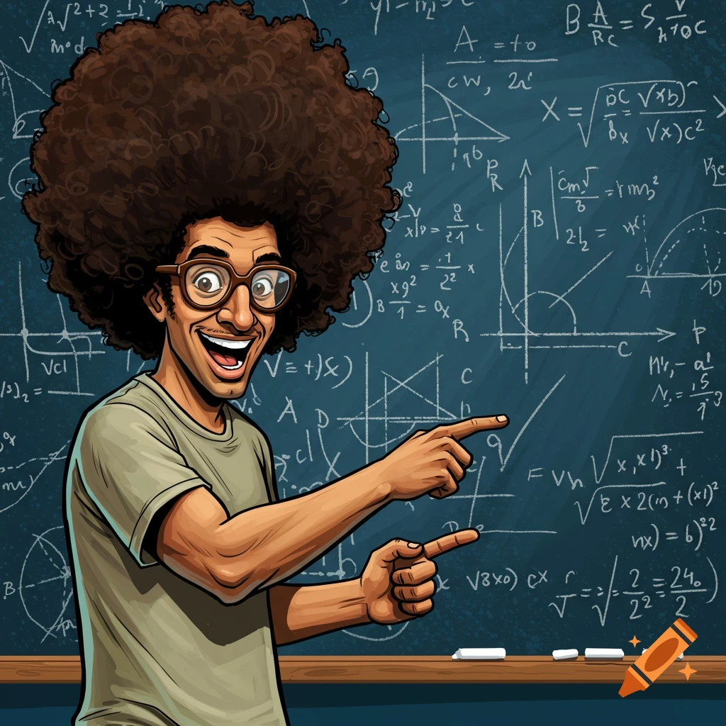 Man with curly hair pointing at chalkboard with math equations on Craiyon