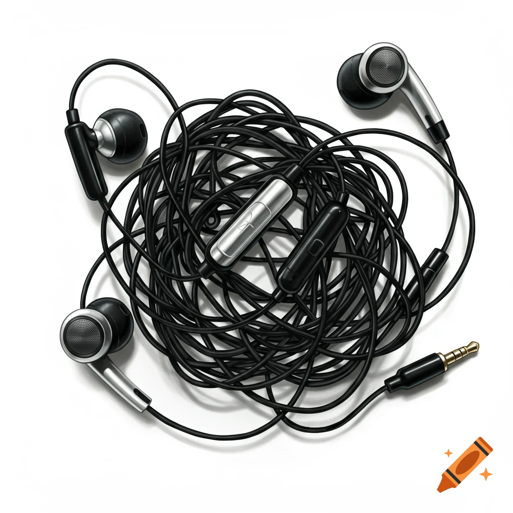 Tangled black wired headphones with silver accents. on Craiyon