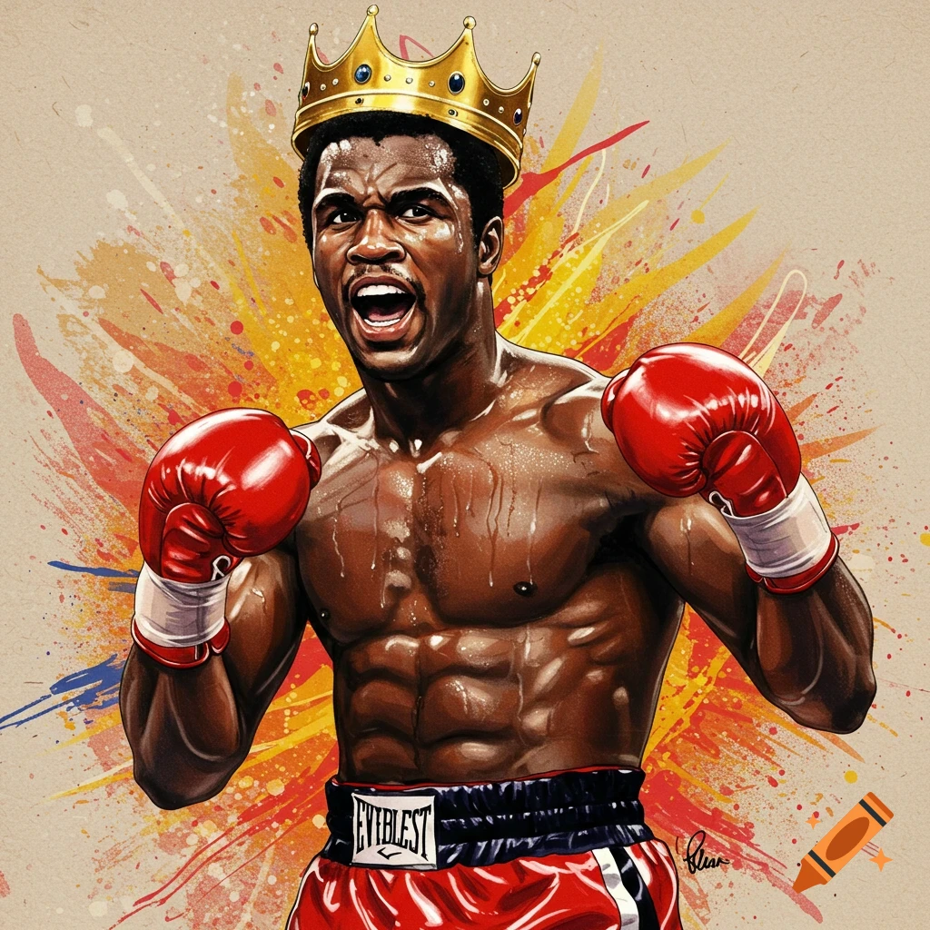 Portrait of a boxer in a ring with a large close-up face in the ...