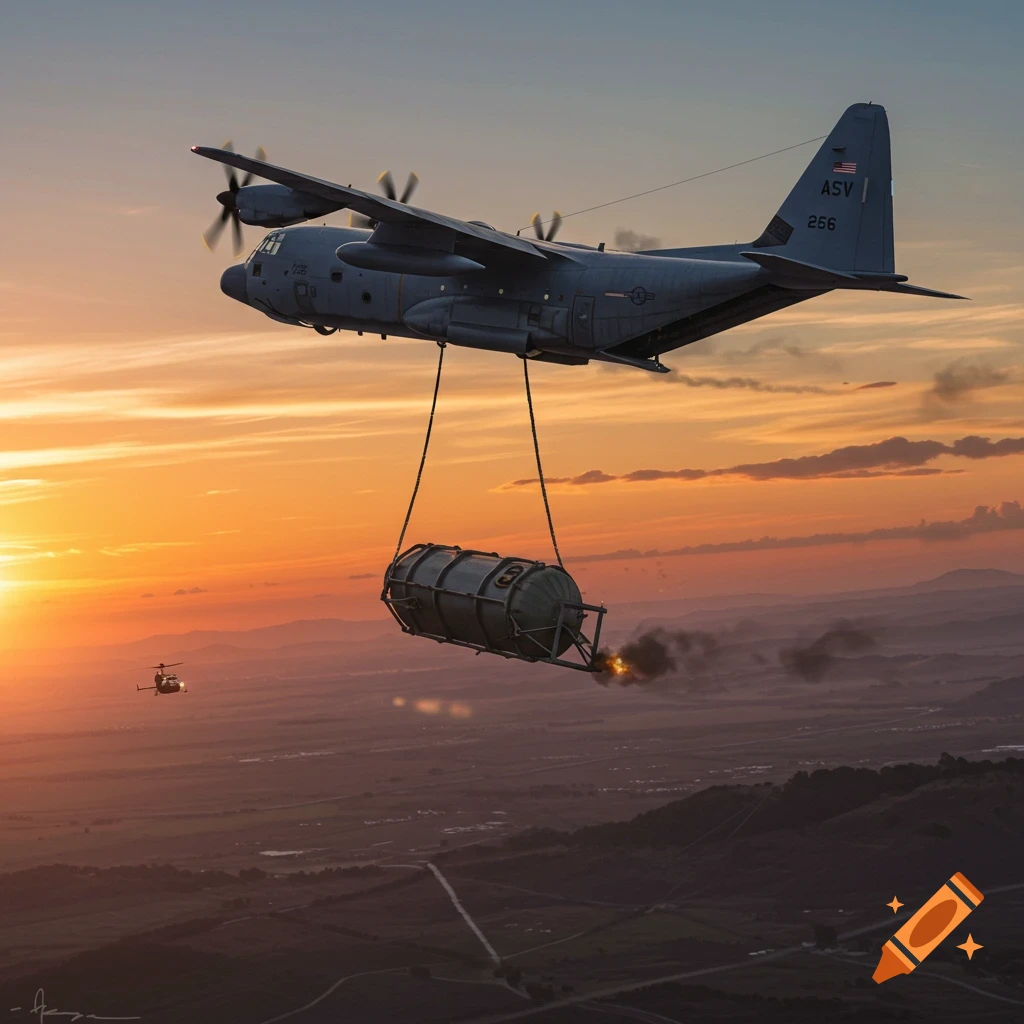 AC-130 plane airdropping large gas tank from the sky on Craiyon