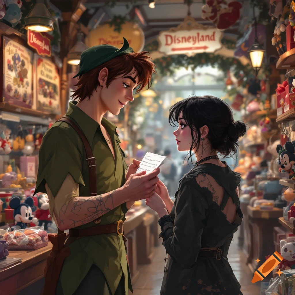 Two people in Disneyland souvenir store, one dressed as Peter Pan, the ...