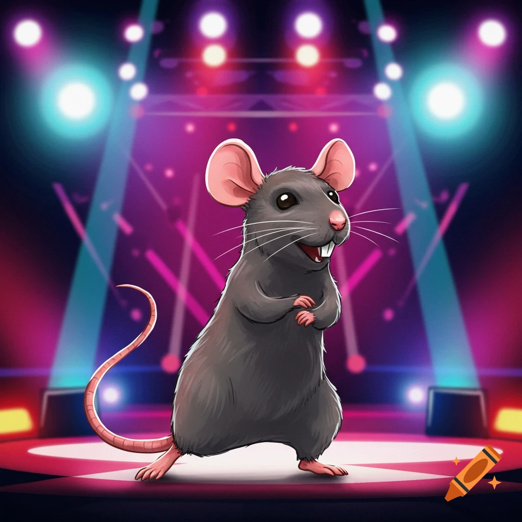 Cartoon rat stands on a stage under bright purple and blue spotlights ...