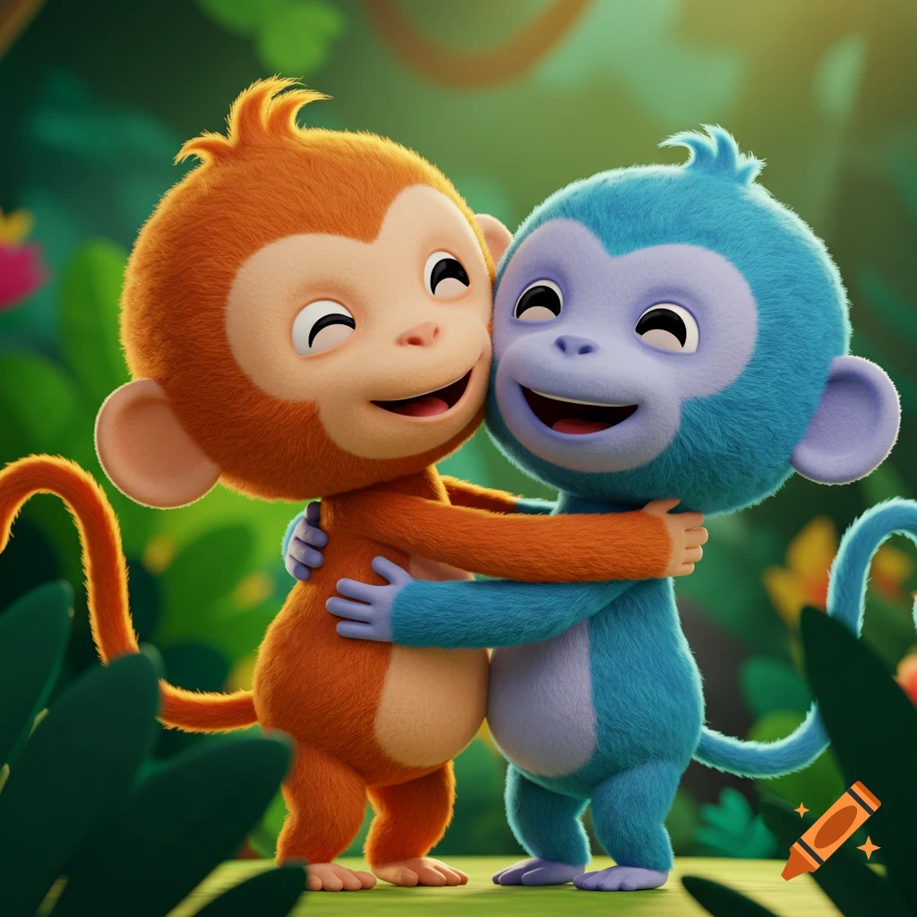 Two cute cartoony monkeys hugging in a jungle setting. on Craiyon