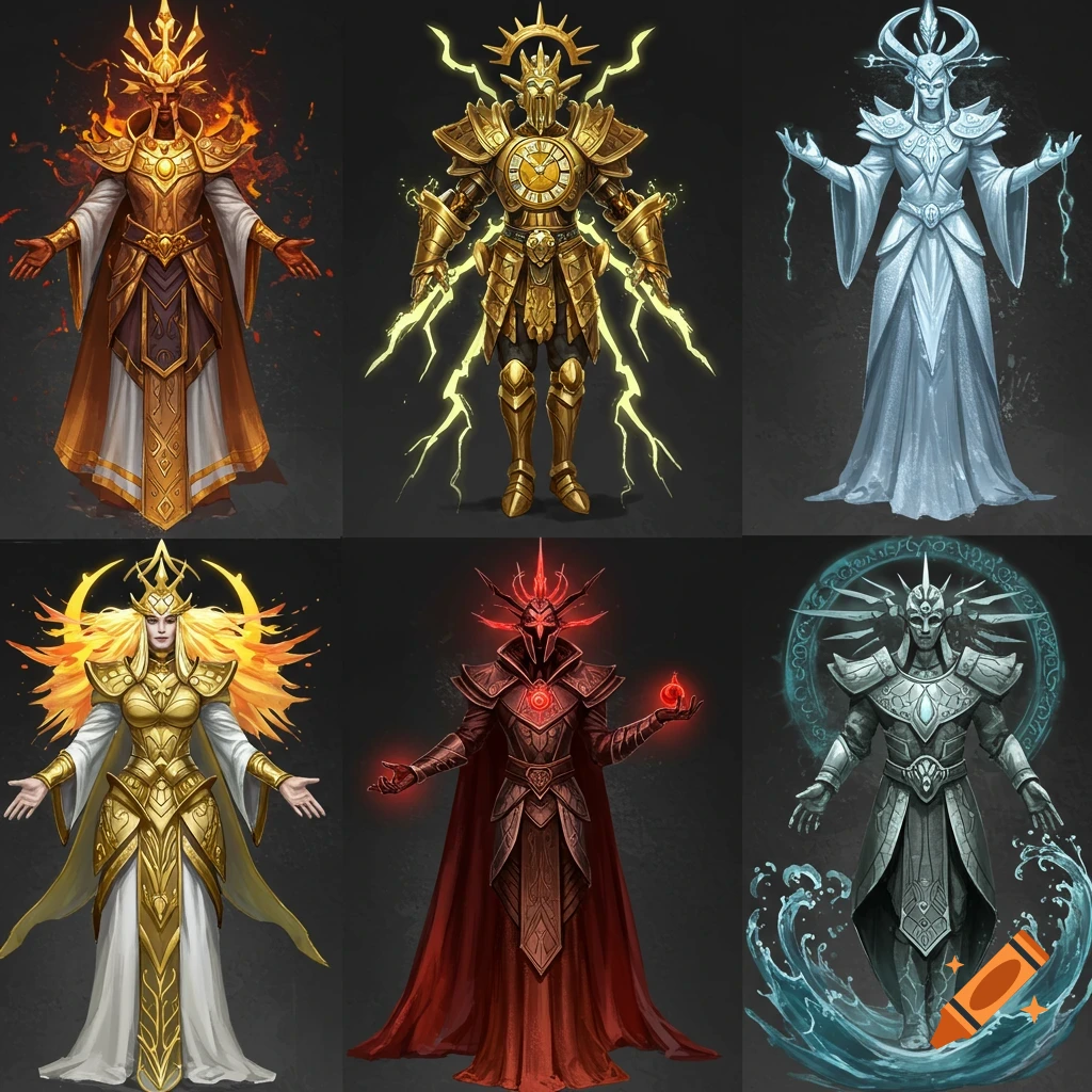 Nine diverse gods and goddesses embodying chaos, order, war, death ...