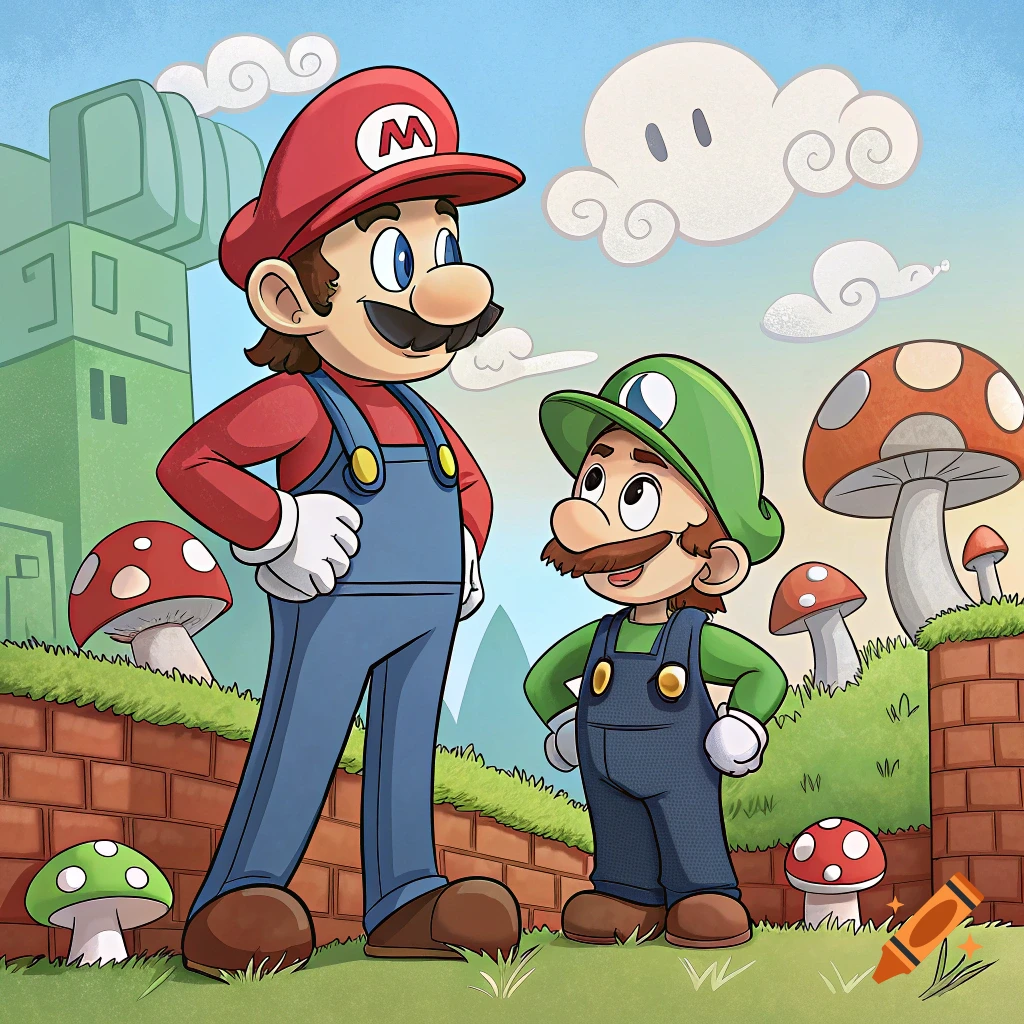 Illustration of Mario raising his fist, standing on grass with ...