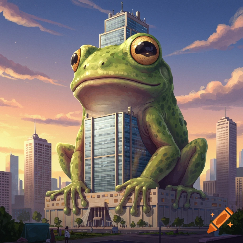 A giant green frog sits on a skyscraper in a city at sunset. on Craiyon
